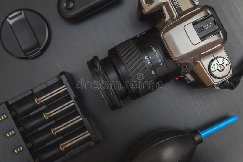 Top View of Work Space Photographer on Black Table Background Stock ...