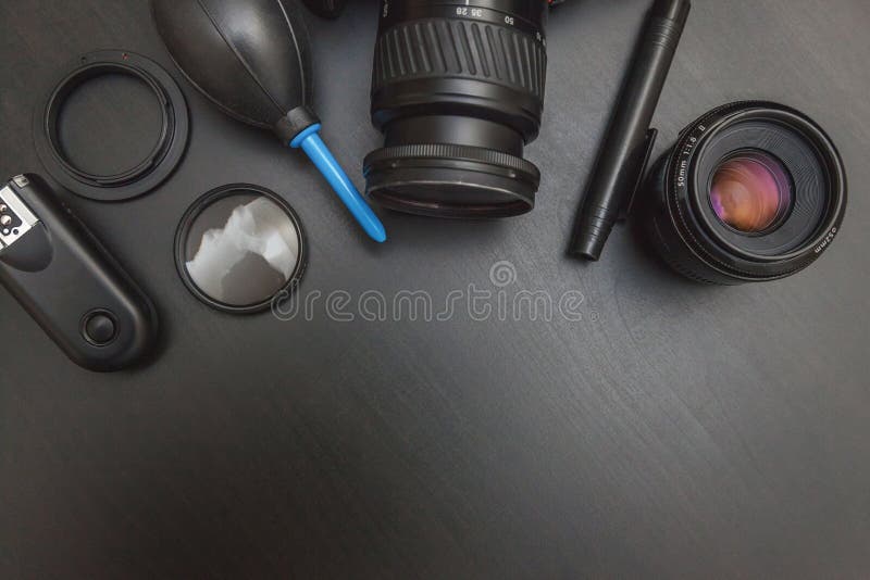 Top View of Work Space Photographer on Black Table Background Stock ...