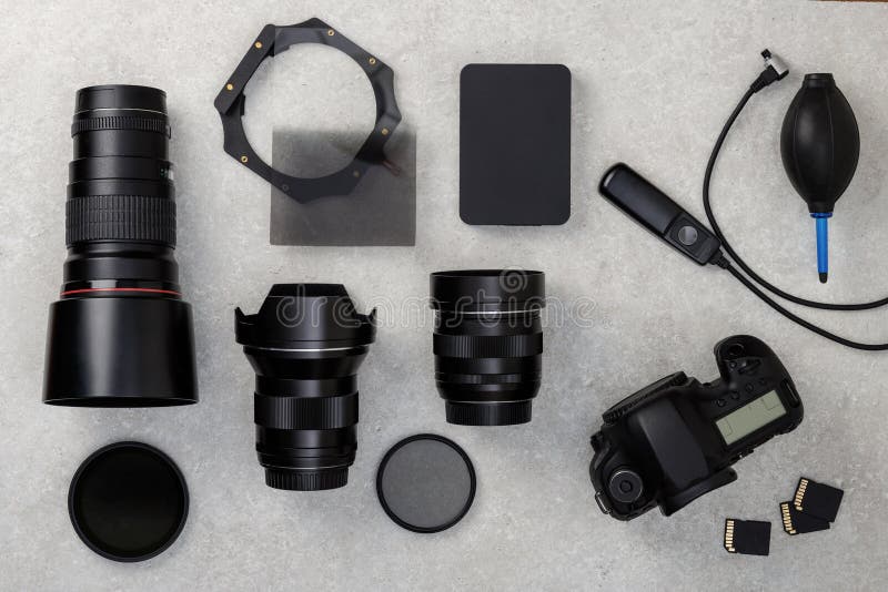Top View of Work Space Photographer with Digital Camera, Lenses Stock ...