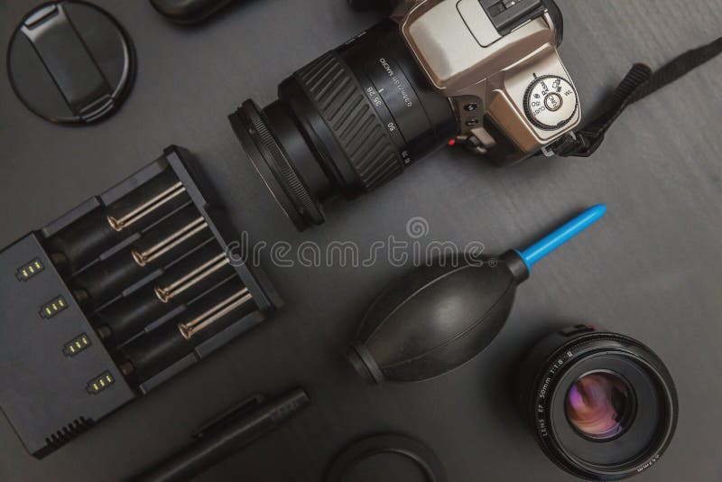 Top View of Work Space Photographer on Black Table Background Stock ...