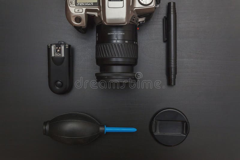 Top View of Work Space Photographer on Black Table Background Stock ...