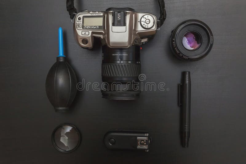 Top View of Work Space Photographer on Black Table Background Stock ...
