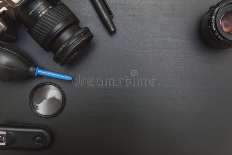 Top View of Work Space Photographer on Black Table Background Stock ...