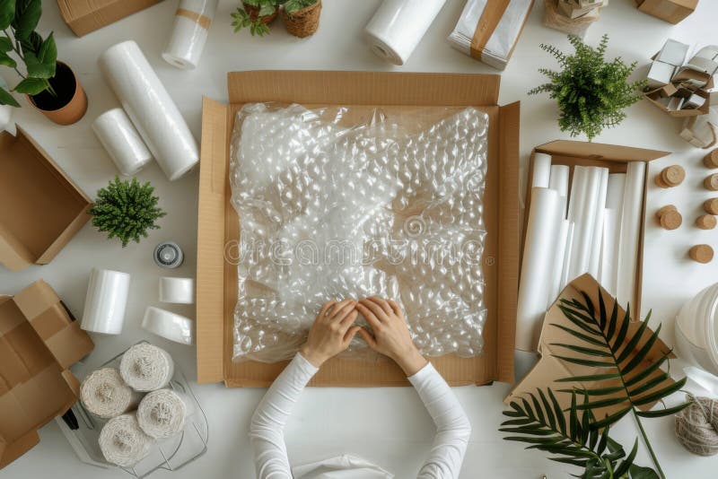 Top View of Worker Carefully Wrapping Delicate Items in Bubble Wrap ...