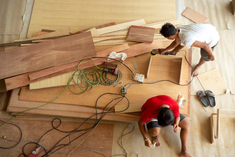 Top View Workers Doing Woodwork for Interior Production Editorial Photo ...