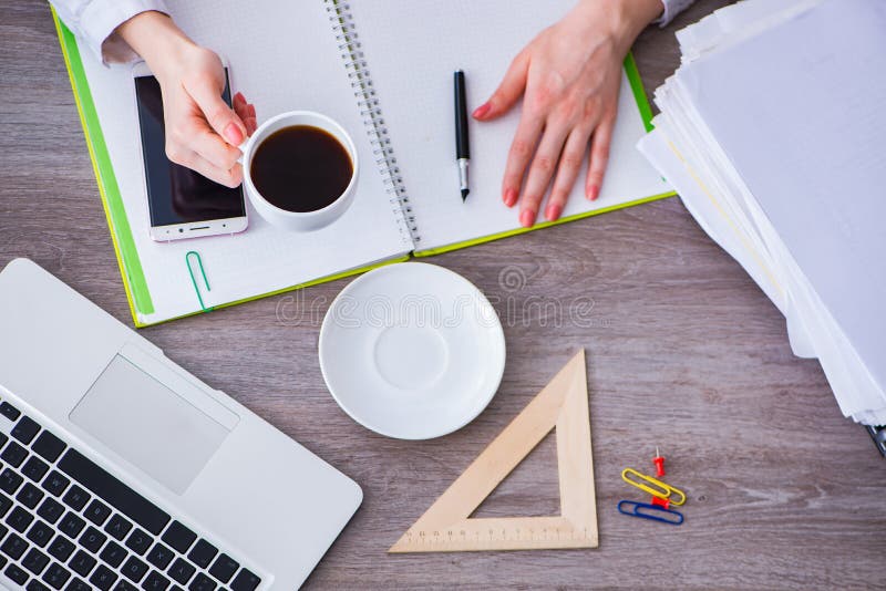The Top View of Working Desk with Hands Stock Image - Image of hands ...
