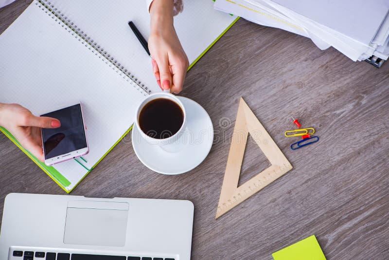 The Top View of Working Desk with Hands Stock Image - Image of ...