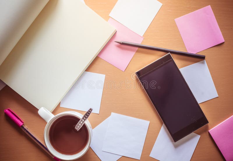 Top view on working table stock image. Image of pencil - 71952615