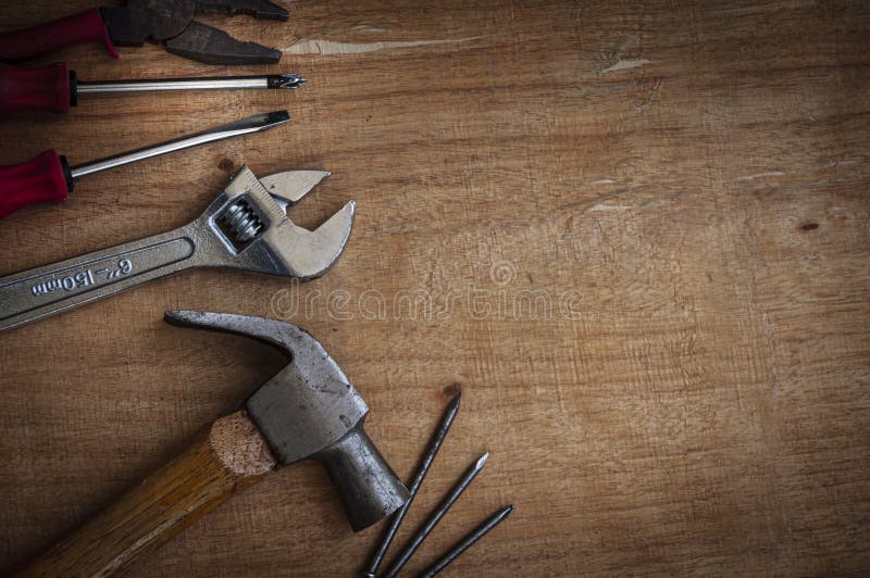 Top View of Working Tools on Wooden Desk. Stock Photo - Image of ...