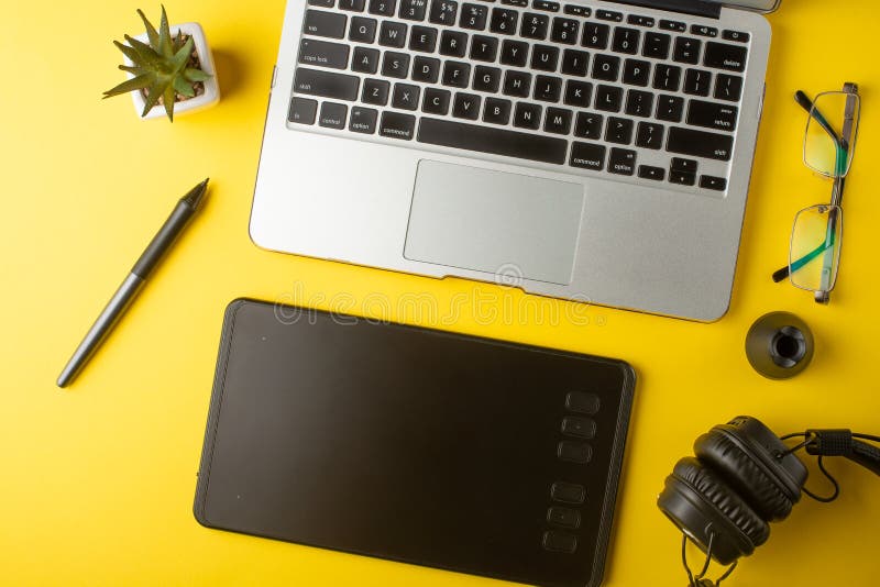 Top View of the Workplace Designer. Creative Designer, Graphics Tablet ...