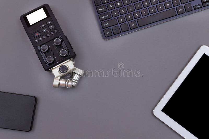Digital Workplace with Gadgets on Grey Table Stock Photo - Image of ...
