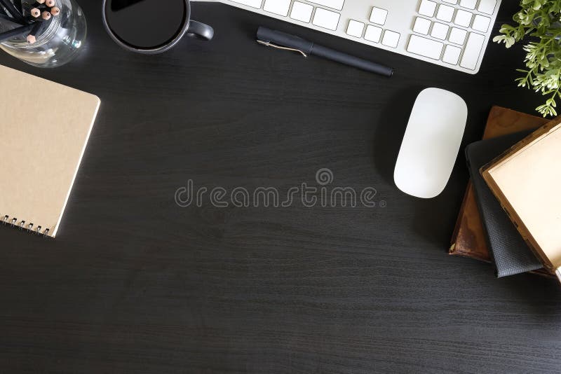 Top View Workspace with Book and Pen Coffee Cup, Computer Keyboard with ...