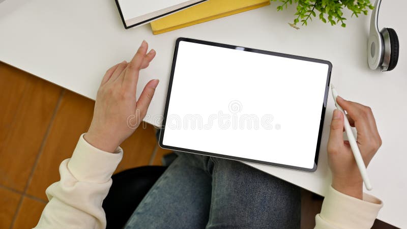 Top View Workspace with a Female Using Stylus Pen and Tablet. Tablet ...