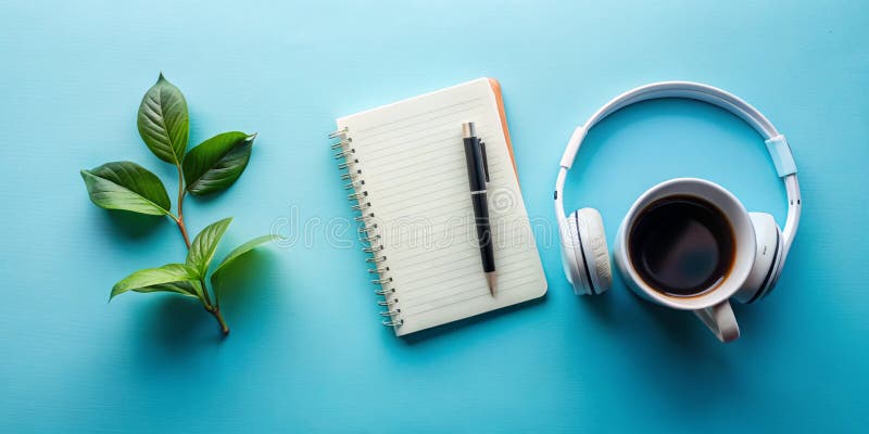 Top View of Workspace with Notebook, Coffee, and Green Leaf Stock ...