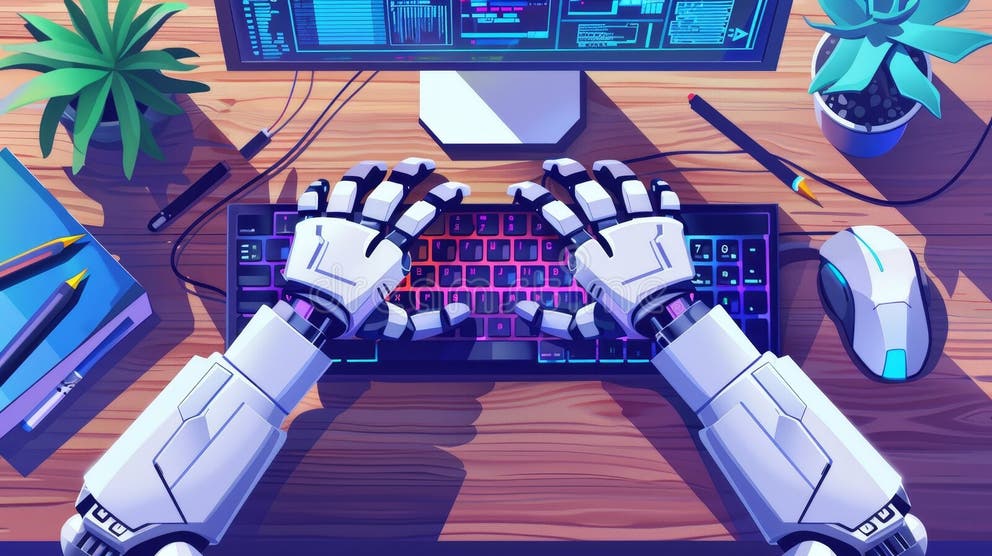 Top View of Workspace with Robot on Computer Keyboard. Concept of Chat ...