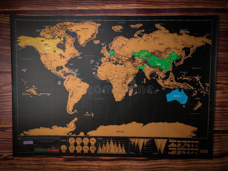 Top View World Map on a Blue Wooden Stock Photo - Image of sunglasses ...