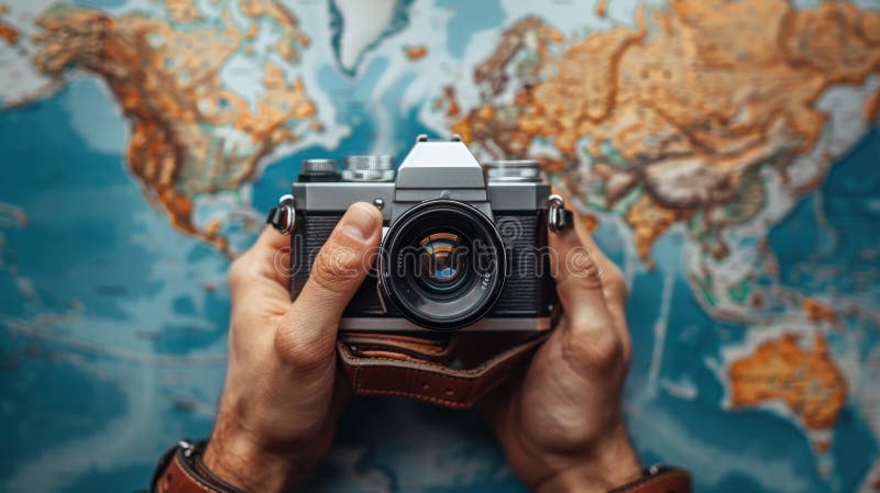 A Top View of the World Map and a Camera in the Hands of a Person. the ...