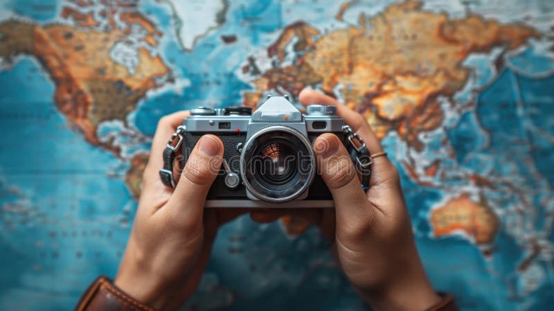 A Top View of the World Map and a Camera in the Hands of a Person. the ...