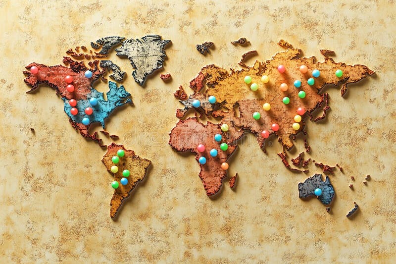 Top View of World Map with Various Colored Pins Stock Illustration ...