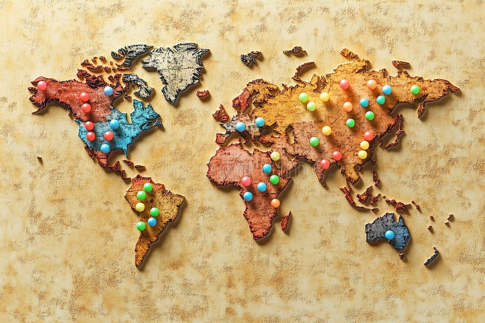 Top View of World Map with Various Colored Pins Stock Illustration ...