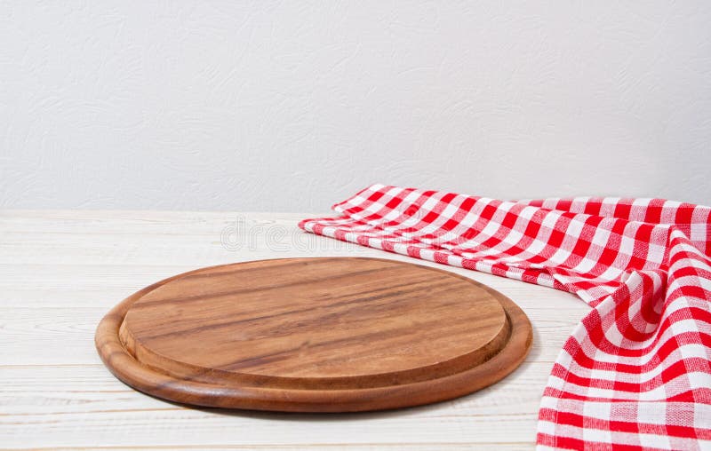 Top View Wrinkled Red Tablecloth and Plank on Wooden Table, Mock Up ...