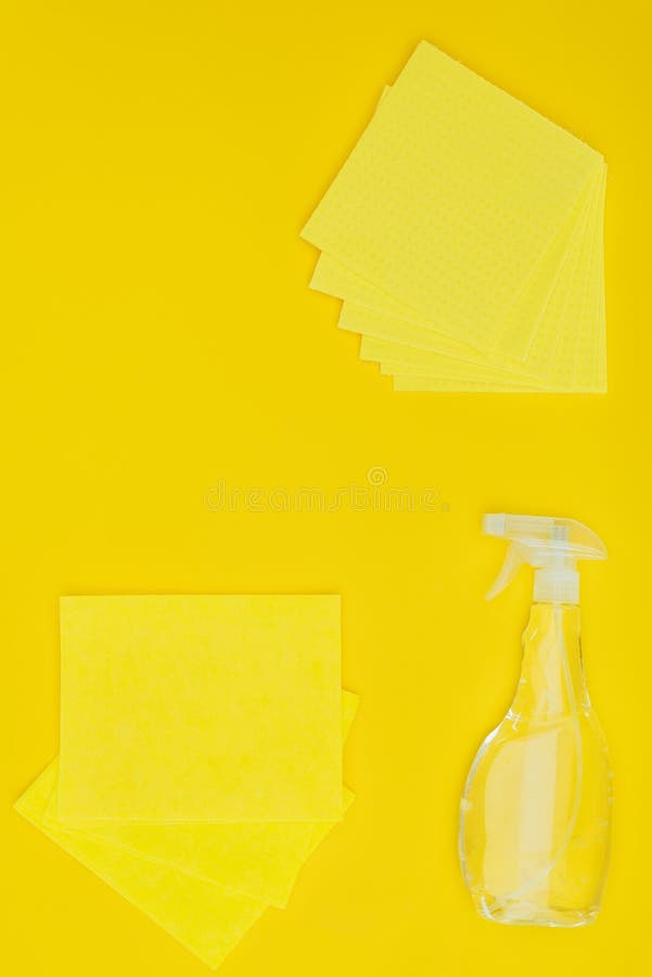 Top View of Yellow Rags and Spray Bottle Stock Photo - Image of ...