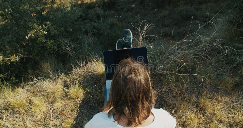 Freelance Worker Using Laptop Computer Typing on Keyboard on Summer ...