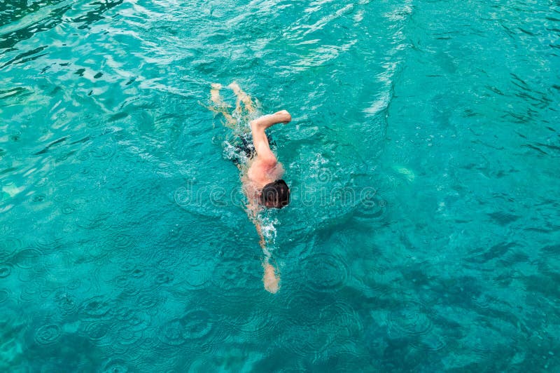 Top View of Young Caucasian Man Swimming Front Crawl in a Swimming Pool ...