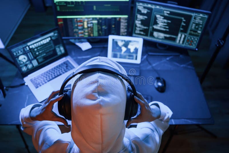 Top View. Young Professional Female Hacker is Indoors by Computer with ...