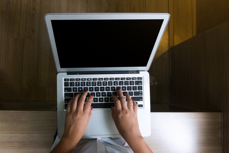 Top View of Young Woman Sitting and Using Laptop Stock Photo - Image of ...