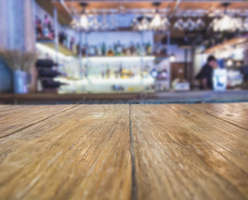 Top of Wooden Table with Blurred Bar Restaurant Background Stock Image ...