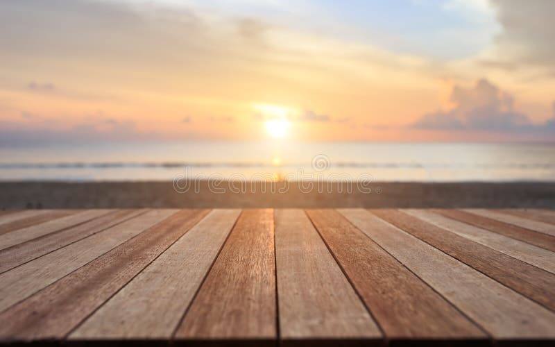 Top of Wooden Table at Sunset Beach. Can Use for Product Display Stock ...