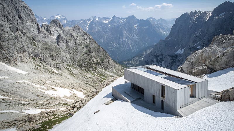 Topdown Minimalist Mountain House Flat Rooftops Amid Jagged Peaks Snow ...