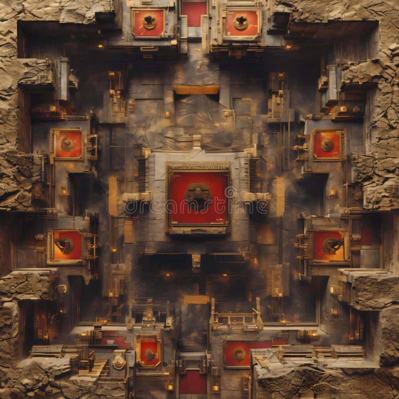 Topdown View Complex Structure Featuring Vibrant Red Carpet Courtyard ...