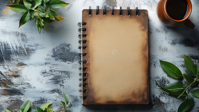 Rustic Notepad Mockup with Coffee and Green Leaves on an Abstract White ...
