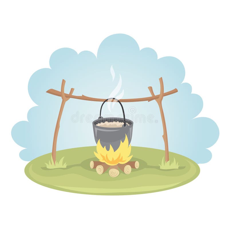 Topf mit Nahrung auf Feuer vektor abbildung. Illustration von gelb ...