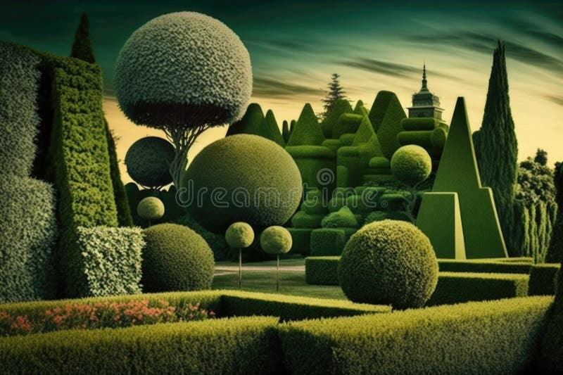 Topiary Garden with a Mix of Unique Shapes and Sizes Stock Illustration ...