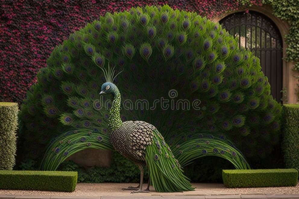 Topiary Peacock with Its Tail Feathers Spread in Full Display Stock ...