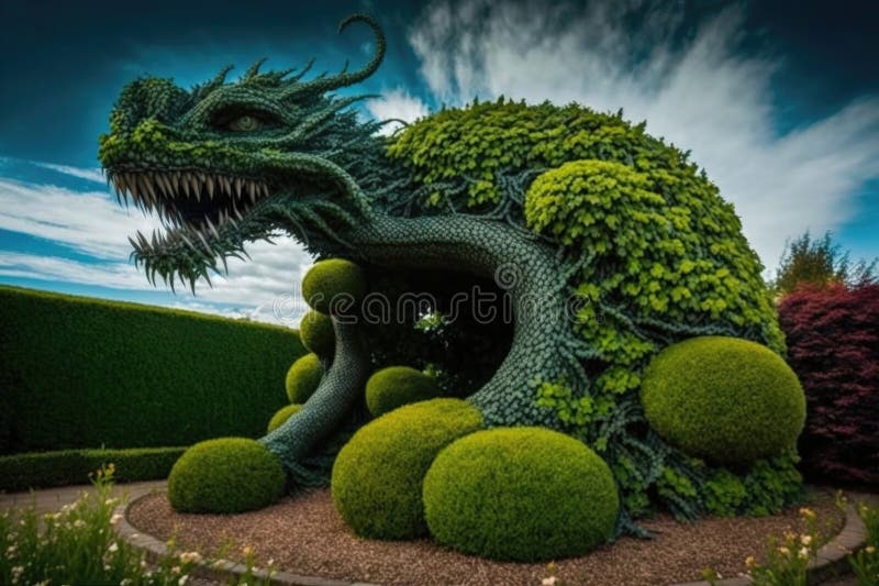 Topiary in the Shape of a Dragon, Breathing Flames Stock Illustration ...