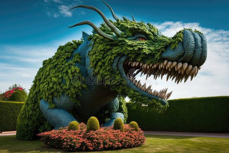 Topiary in the Shape of a Dragon, Breathing Flames Stock Illustration ...