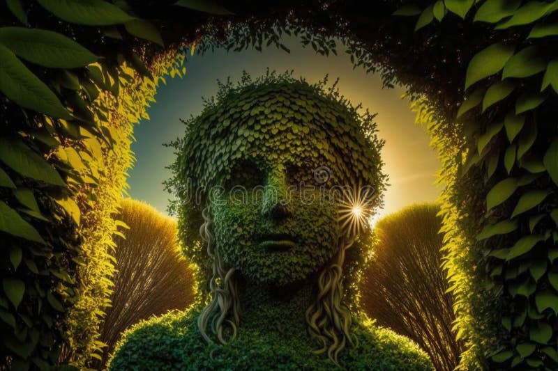 Topiary of Sun, with Rays and Face Peeking through the Leaves Stock ...