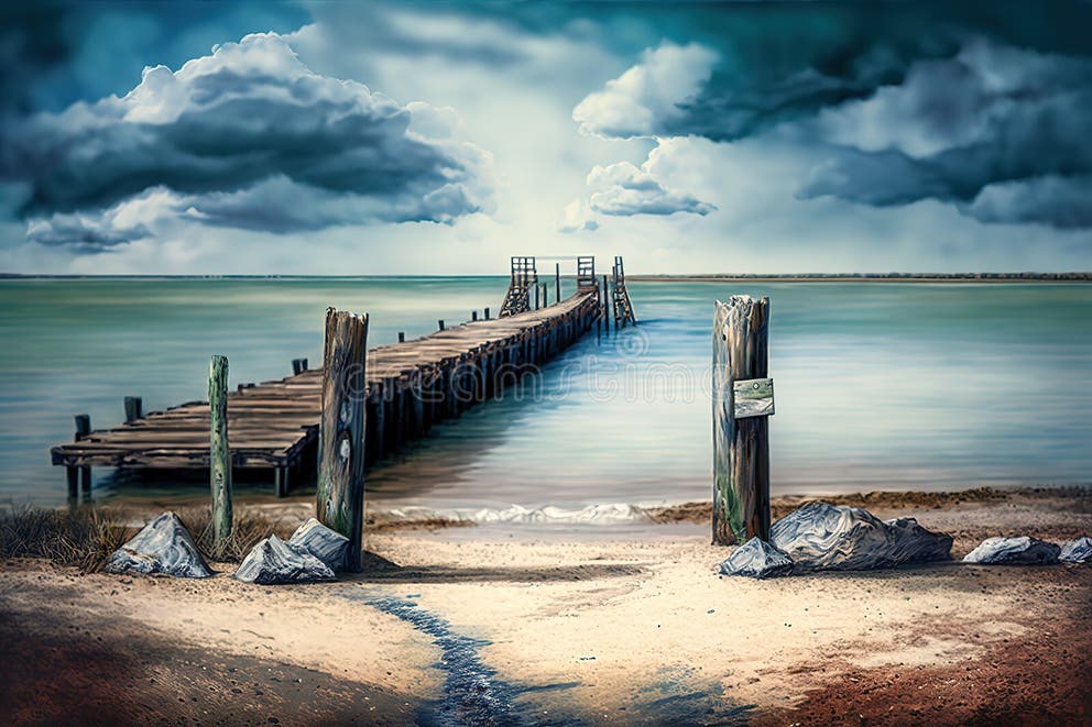 A Seascape a Small Jetty in Foreground Stock Illustration ...