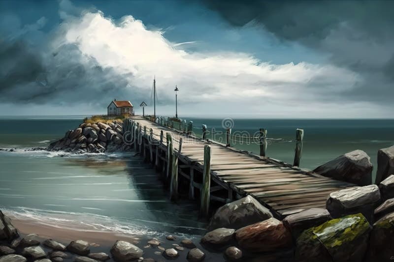 A Seascape a Small Jetty in Foreground Stock Illustration ...