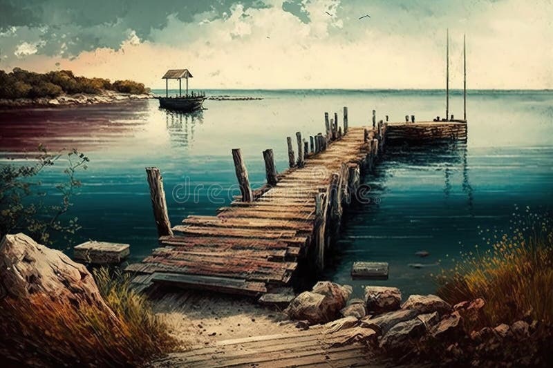 A Seascape a Small Jetty in Foreground Stock Illustration ...