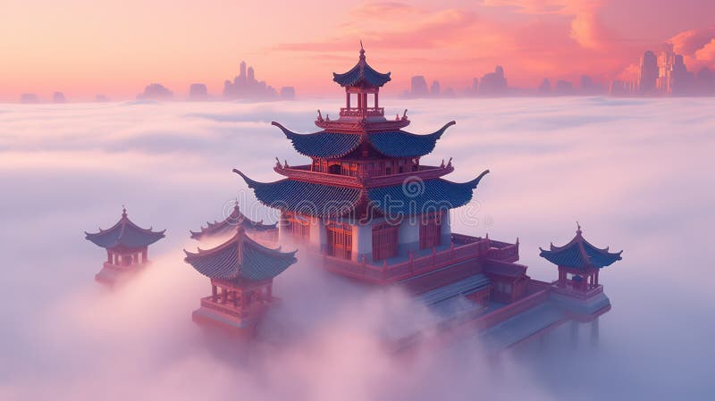 A Great Chinese Palace is Above Clouds, Distant Waterfalls Flow Down ... A Great Chinese Palace is Above Clouds, Distant Waterfalls Flow Down ...