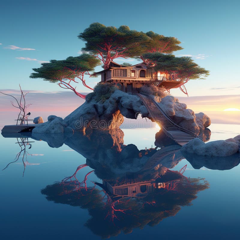 Surreal and Exquisite CG Render of Night Time of an Island Stock ...