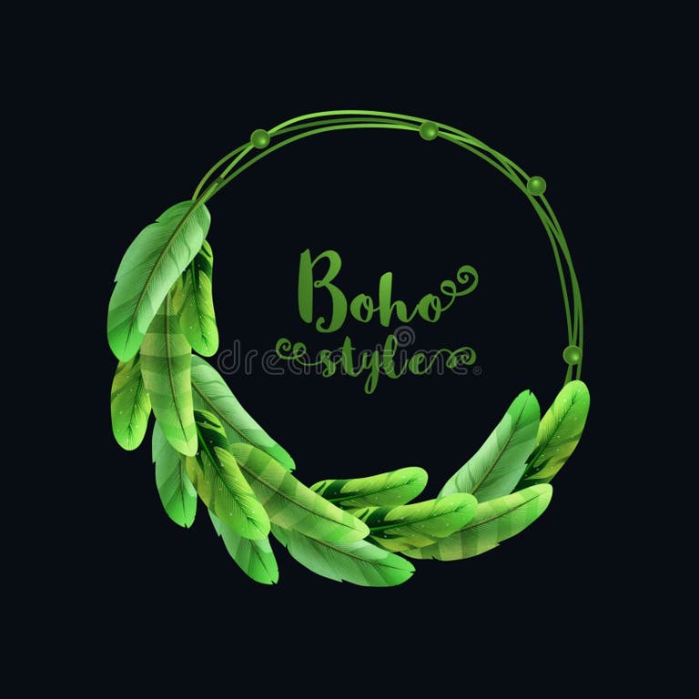 Topical Green Leaf Circle Frame Boho Style Black Background Stock ...