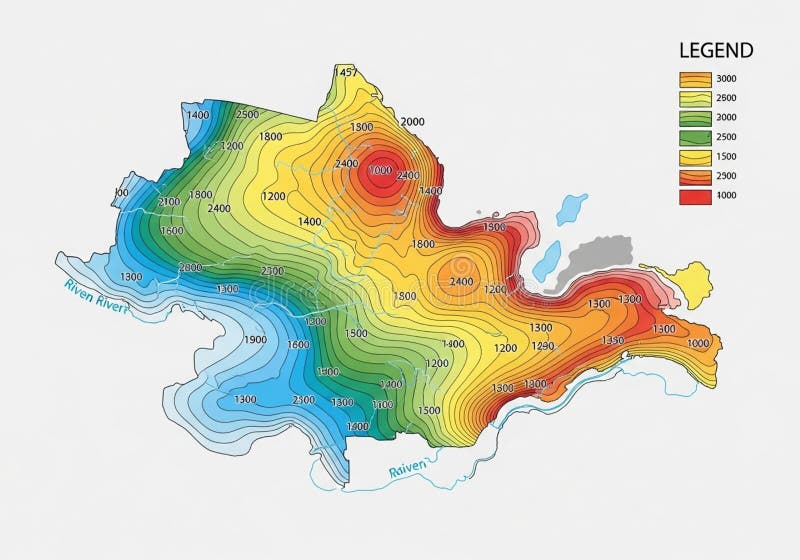 Topographic Map Depicting Elevations with Contour Lines and Color Gradients. Elevation Values ...