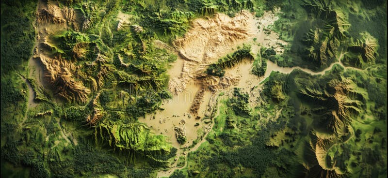 Topographic Map of Mountainous Terrain with Lush Greenery and Sandy ...