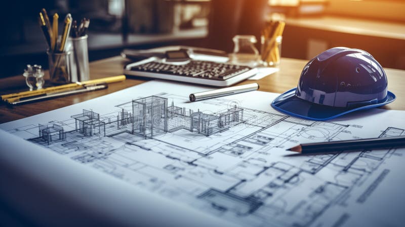 Topview of Engineer Table with Blueprint Generative AI Stock ...